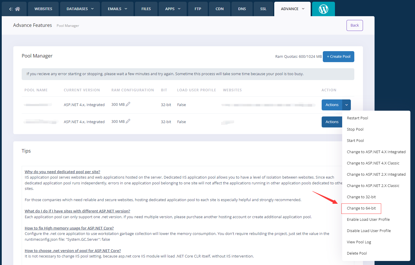 How to change the application pool to 64-bit pool? - SmarterASP.net