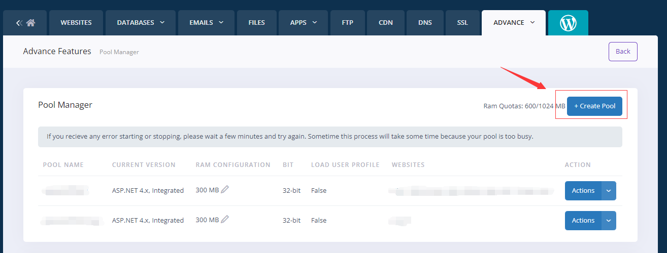 How to create a dedicated application pool for new site?