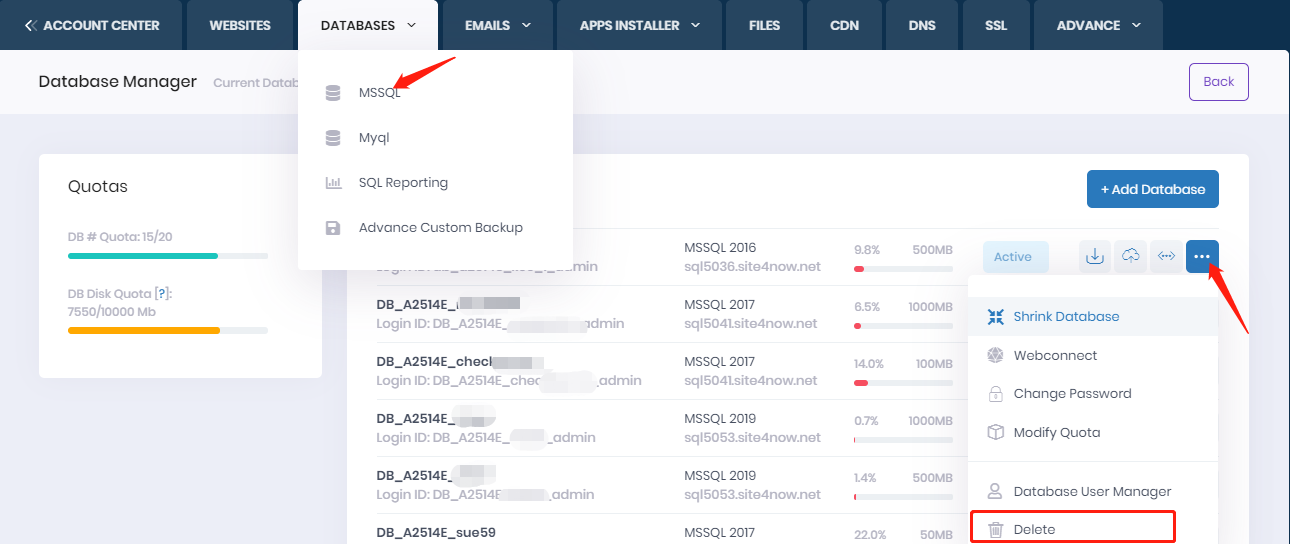 How Can I Delete A Mssql Database From Hosting Control Panel