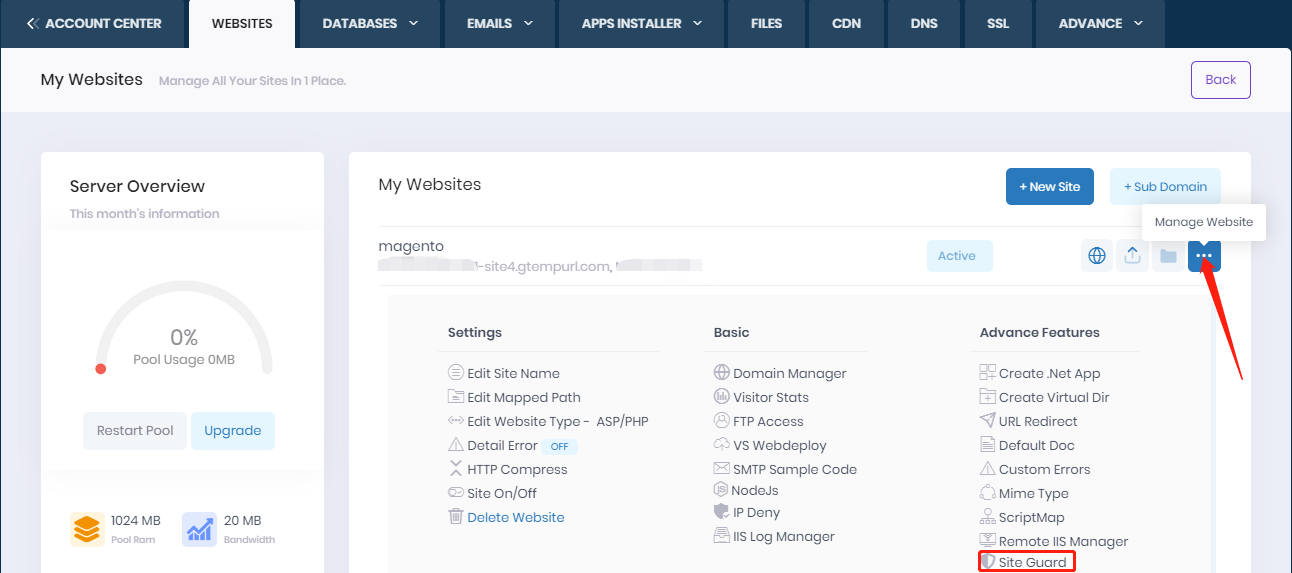 How can I turn on site guard? - SmarterASP.net