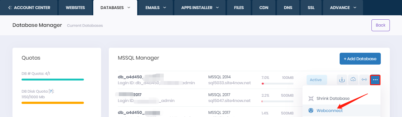 How to login to your database via Webconnect - SmarterASP.net