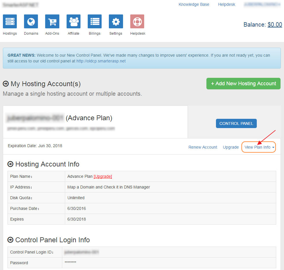 How to view your hosting account info - SmarterASP.net